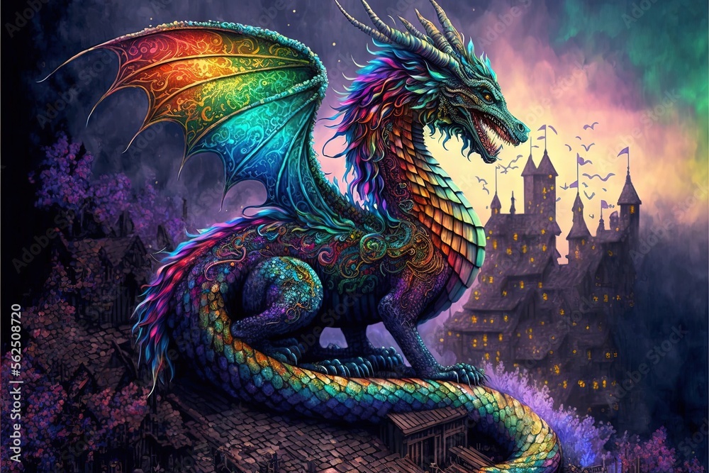 a colorful dragon sitting on top of a building in a field of flowers ...