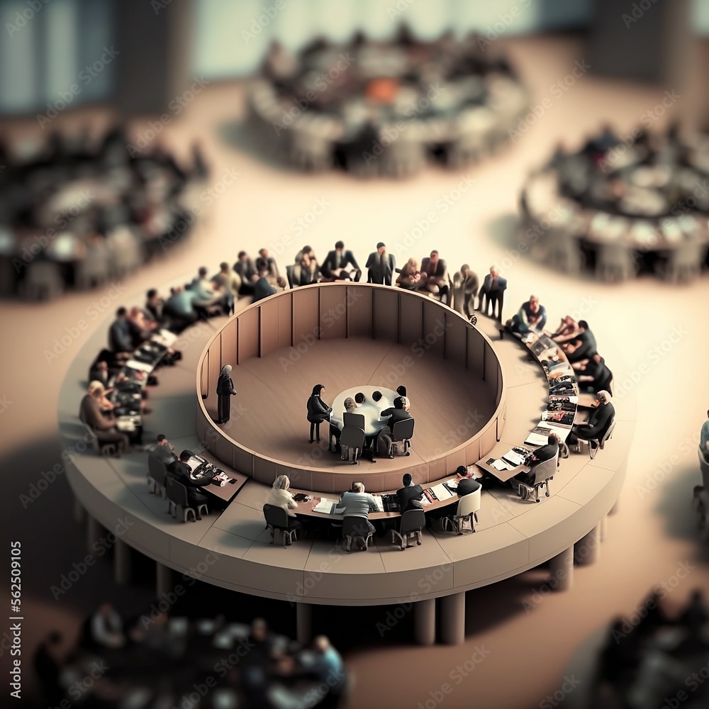 Depth of field photography of conference round table with people. Round ...