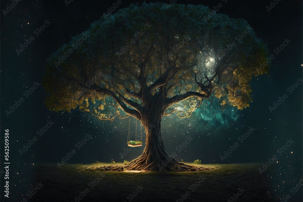 a tree with a swing hanging from it's trunk in the night sky with stars ...