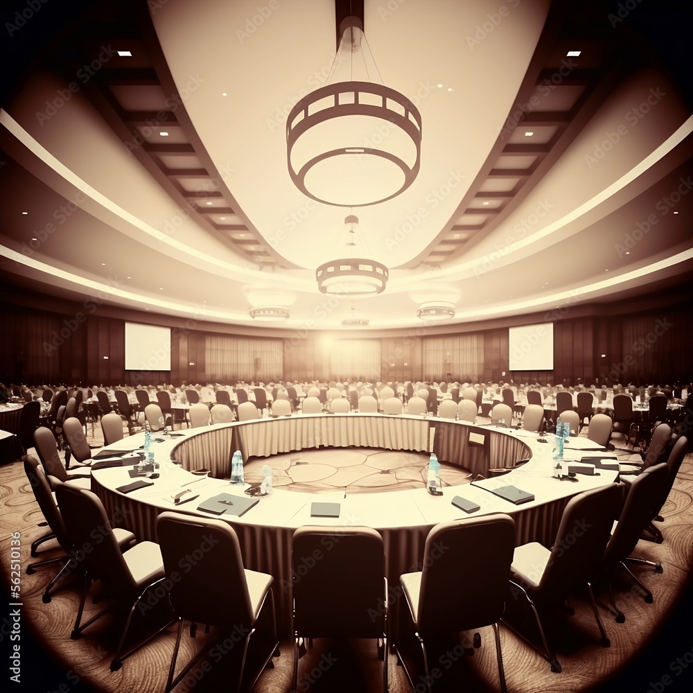 Depth of field photography of conference room. Round table discussion ...