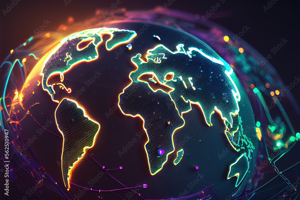 3d neon map of the world. Generative AI Stock Illustration | Adobe Stock