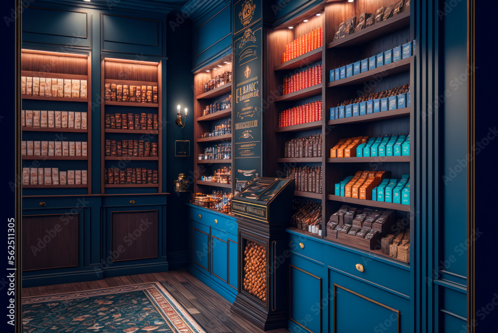 Tobacco shop interior. Fictitious text, logos and labels. Generative AI ...