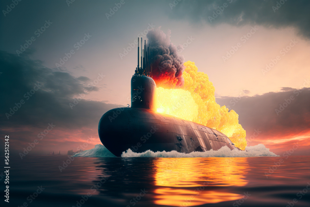 Nuclear submarine on fire, attack, explosion, accident. Generative AI ...