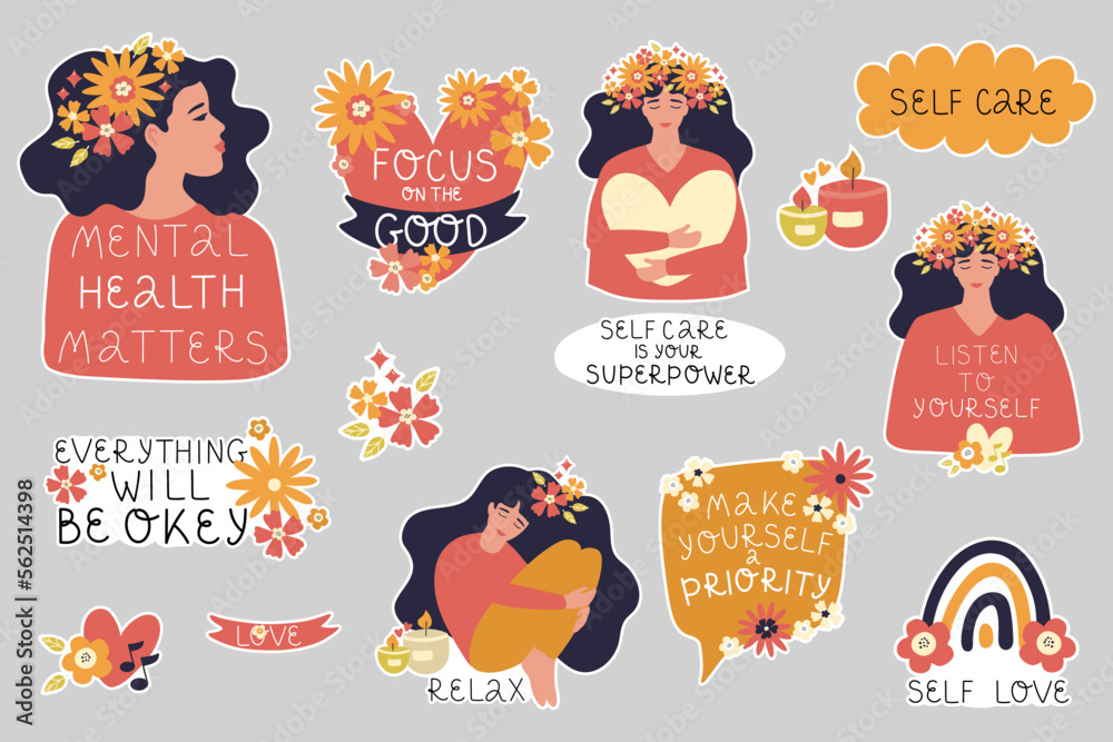A set of stickers on the theme of mental health. Various positive and ...