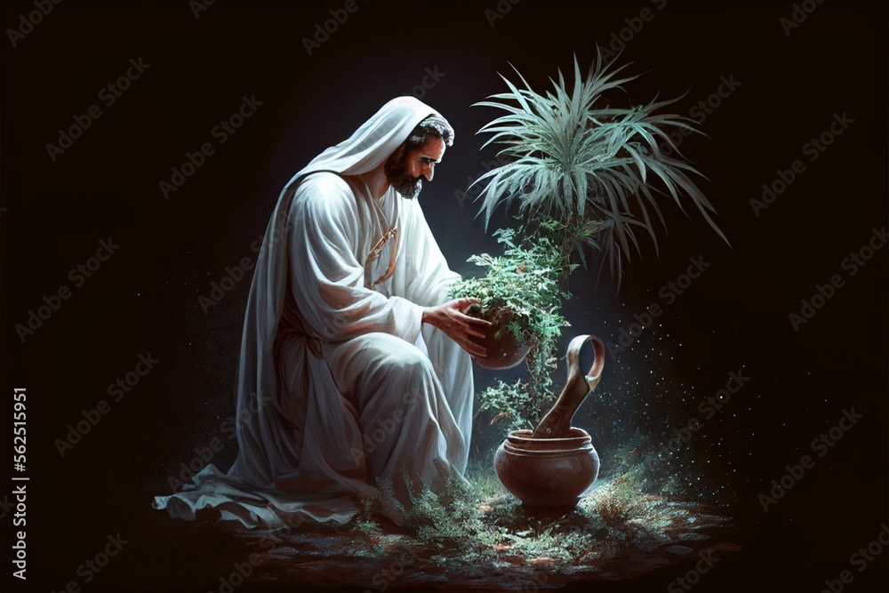 jesus christ caring for a plant, Generative AI Stock Illustration ...