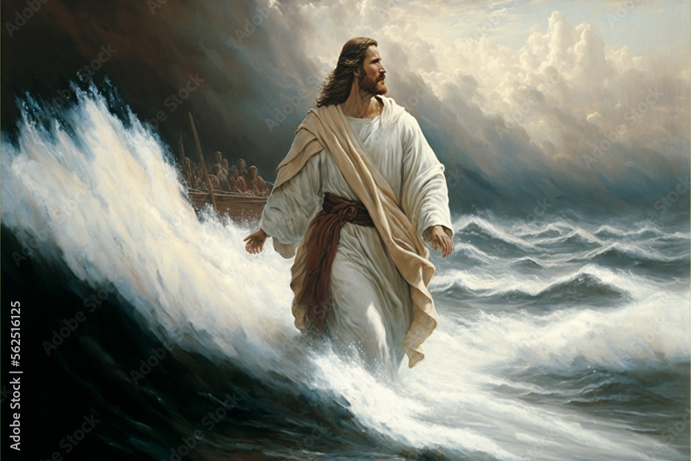 Jesus walking on the sea. AI Stock Illustration | Adobe Stock