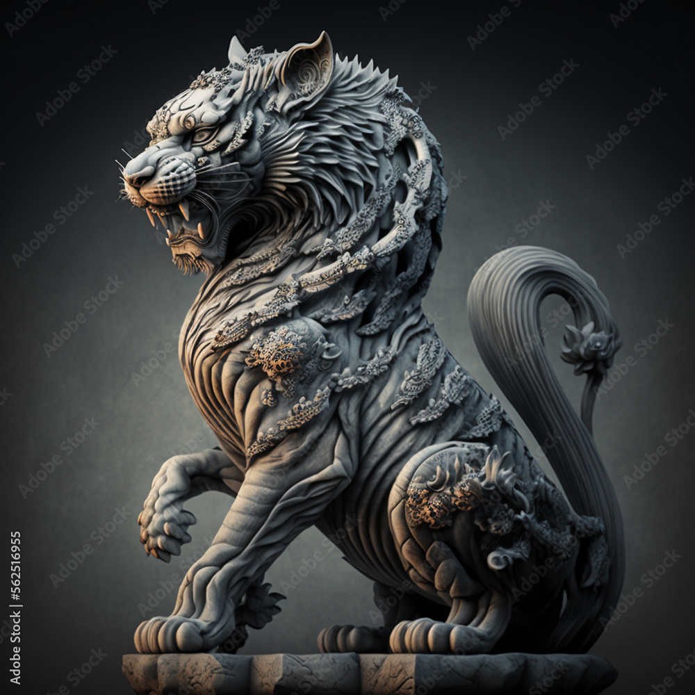 tiger, tiger on black, Tiger dragon statue in chinese temple, gray ...