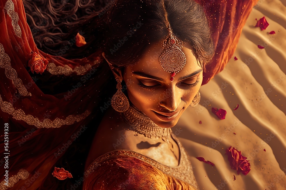 Indian woman dancing in the desert with rose petals flying around ...