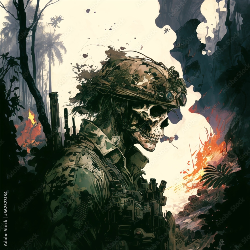 Skeletal soldier in a jungle, inspired by the vietnam war, made with ...