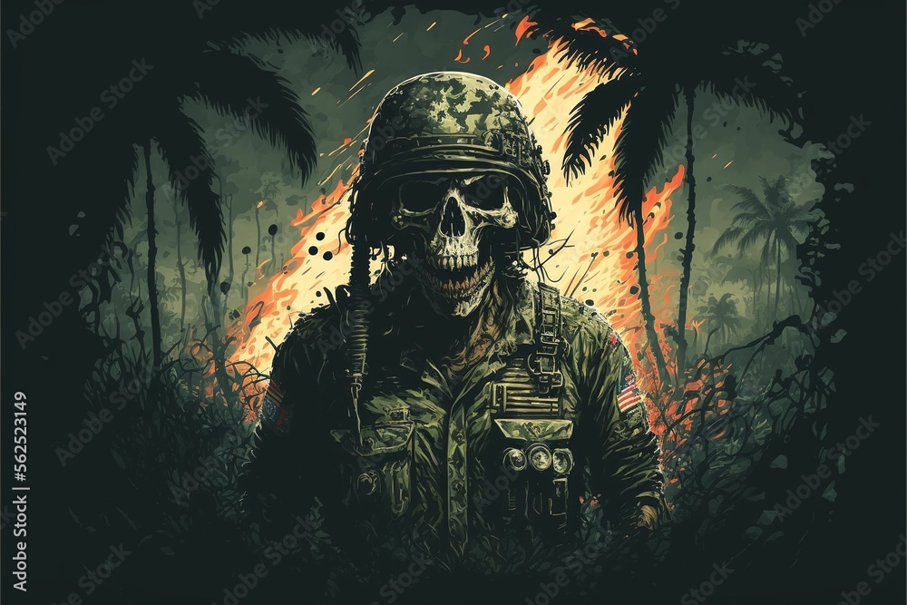 Skeletal soldier in a jungle, inspired by the vietnam war, made with ...