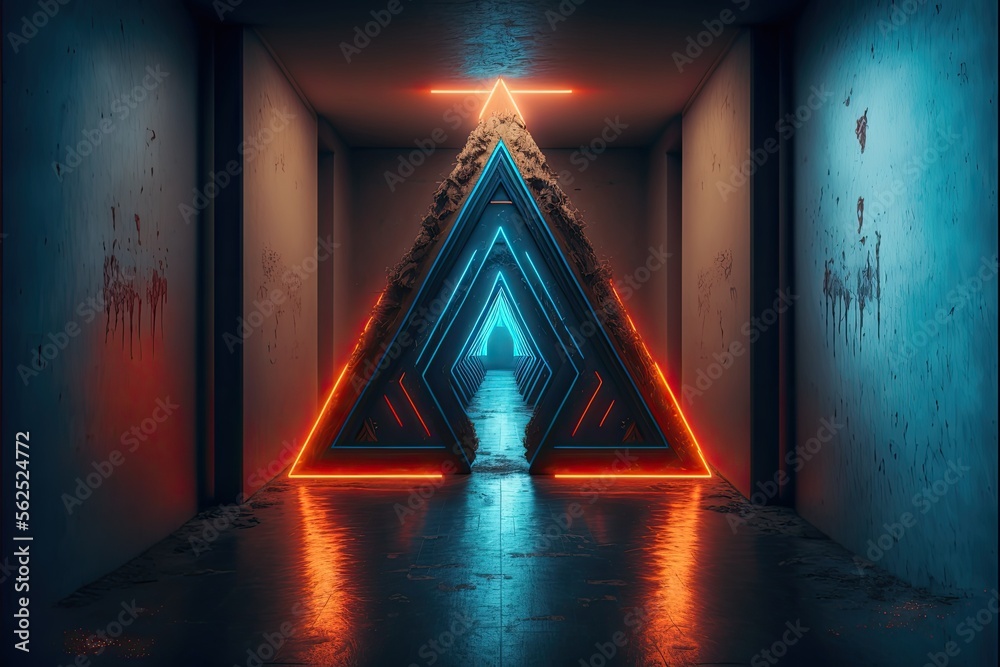 Futuristic sci-fi orange and blue neon light triangle gate generative ...