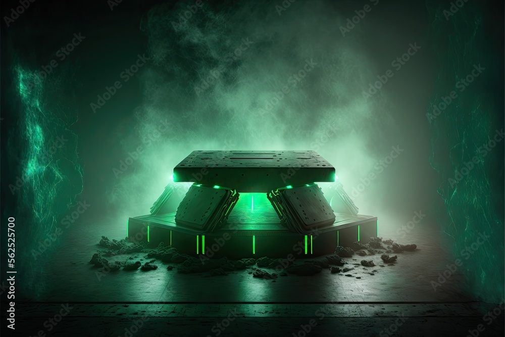 green futuristic empty podium stage with Smoke and neon light ...