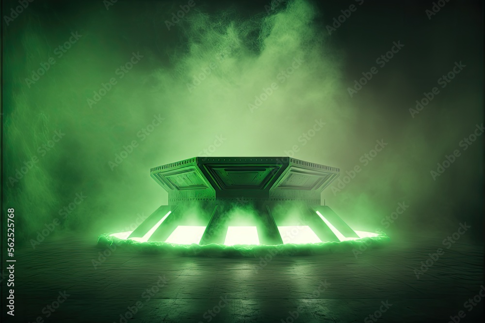 green futuristic empty podium stage with Smoke and neon light ...