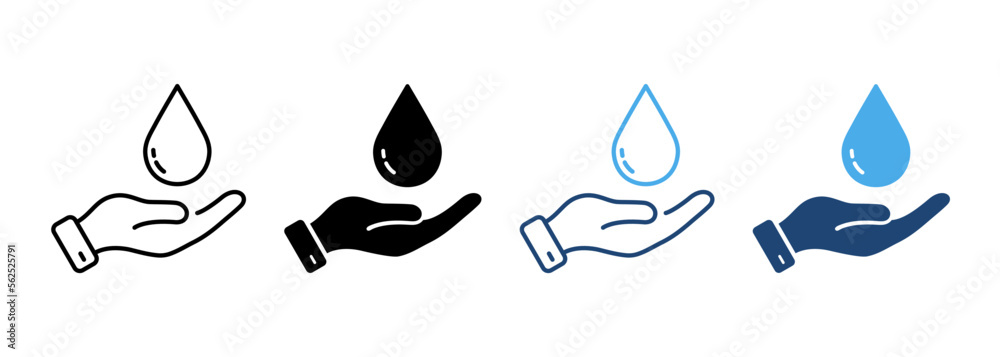 Hand Hold Water Drop Line and Silhouette Icon Color Set. Aqua Resource ...