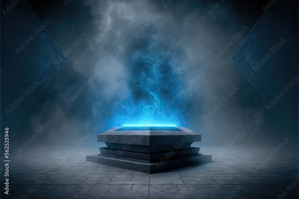 Blue futuristic empty podium stage with Smoke and neon light generative ...