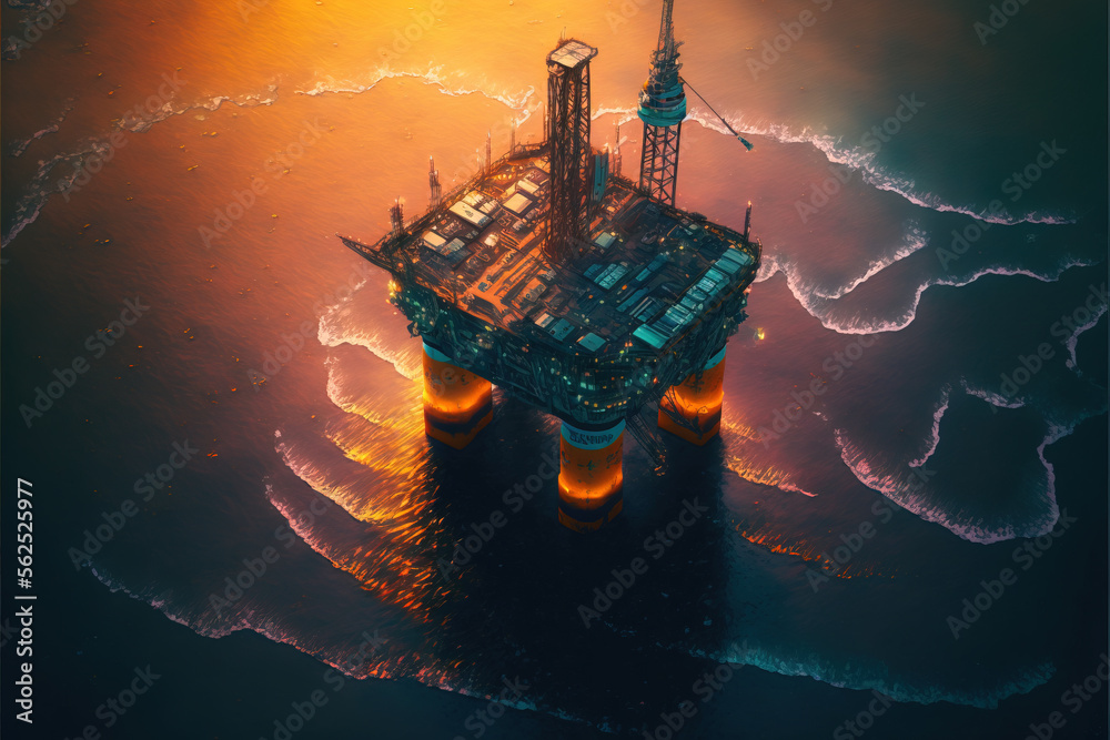 Top down view of an oil platform at sea at sunset. Bird's eye view of a ...