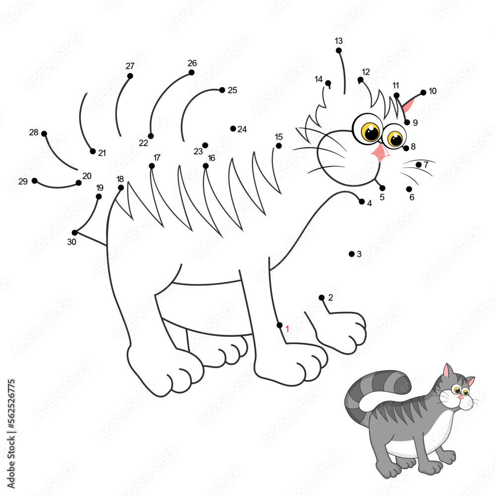 Dot to dot Game with cute cartoon grey cat or kitten. Connect the dots ...