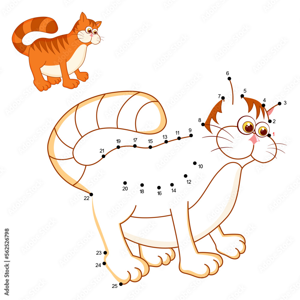 Cat. Dot to dot Game. Connect the dots by numbers to draw the cartoon ...