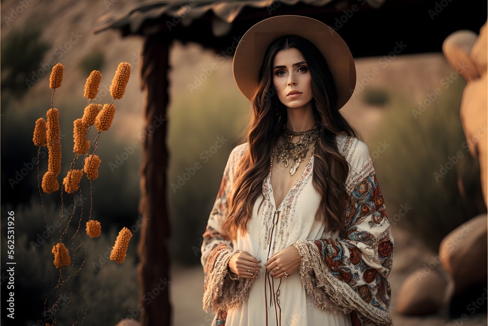 Fashionable bohemian female model wearing a trendy and stylish white ...