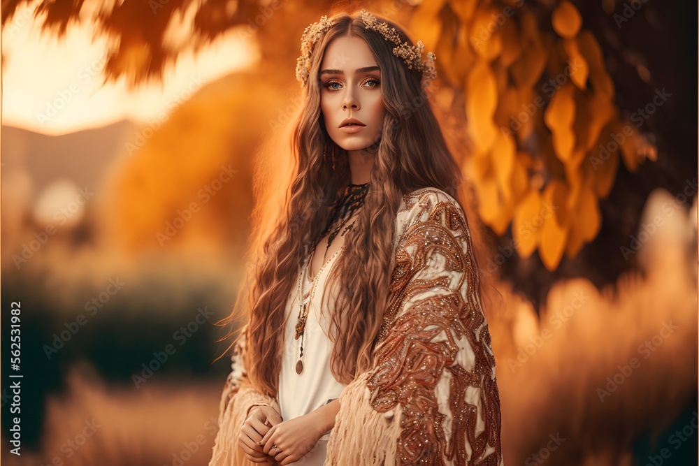 Fashionable bohemian female model wearing a trendy and stylish brown ...
