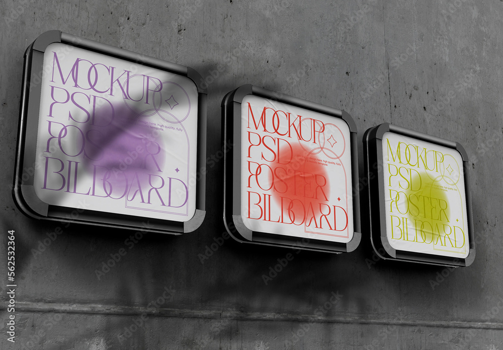 3d Three Square Billboards on Sunlit Wall Mockup Stock Template | Adobe ...