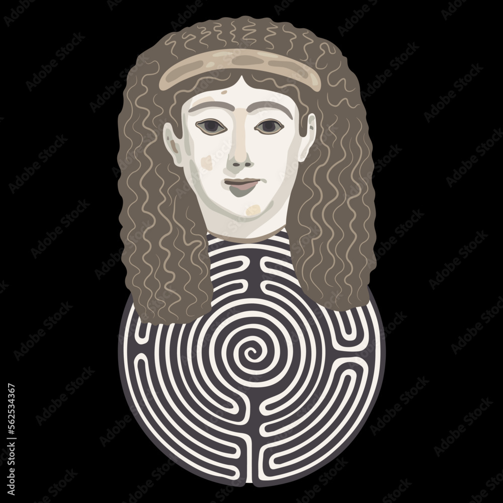 Head of ancient Egyptian woman and a round spiral maze or labyrinth ...