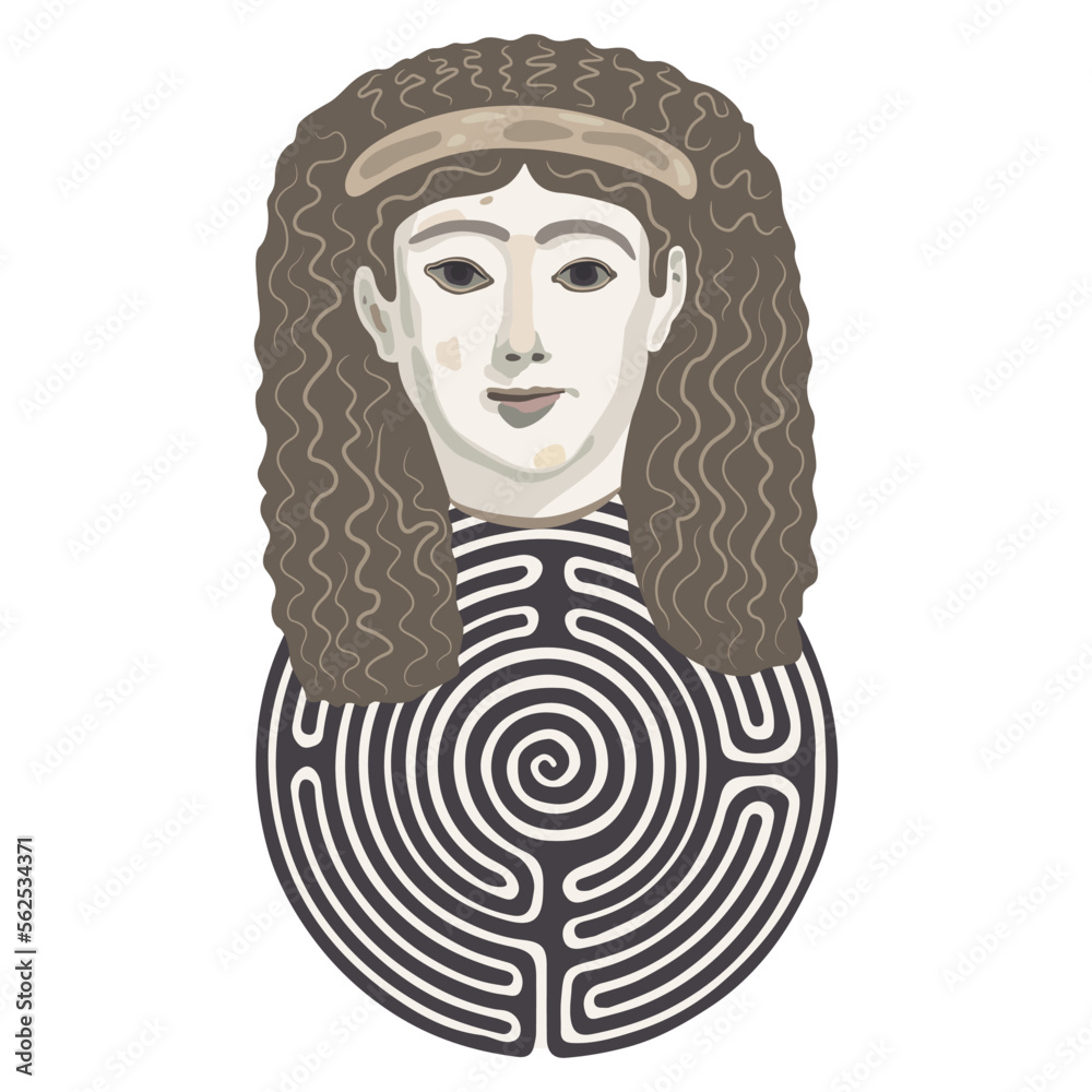Head of ancient Egyptian woman and a round spiral maze or labyrinth ...