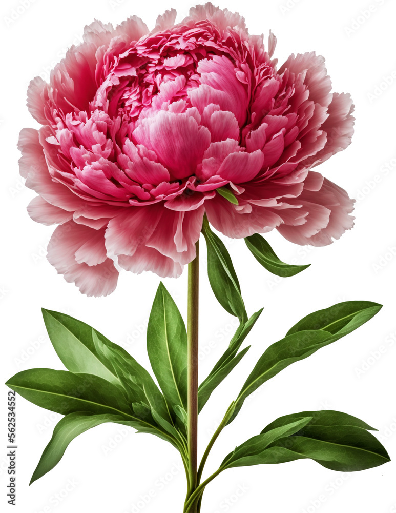 PNG Pink peony flower head with stem and green leaves isolated ...