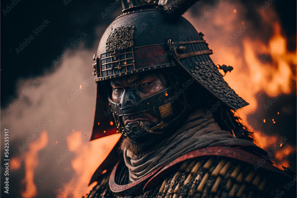 Samurai in a helmet and mask against the background of a burning ruined ...