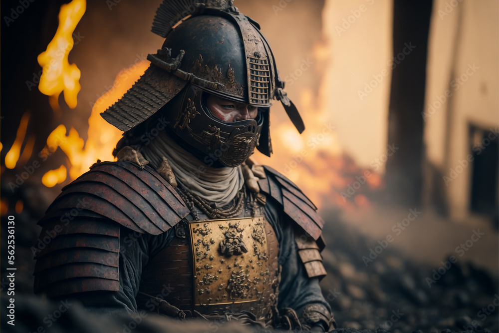 emotional portrait of an exhausted samurai in armor after the battle ...