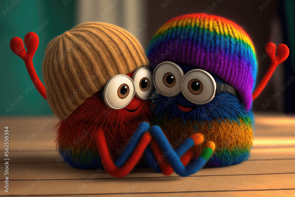 illustration of two little spiders in love and hugging, wearing wool ...