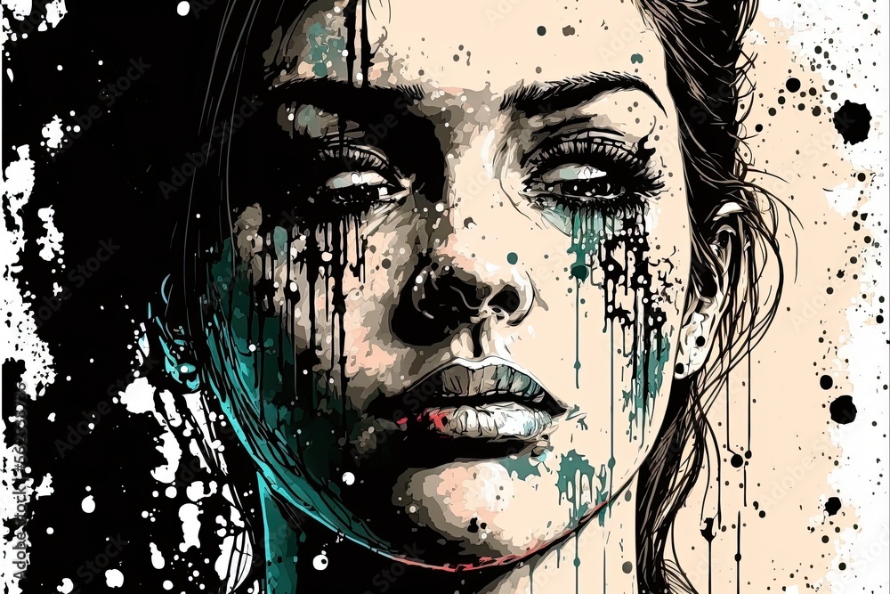 Dibujo de un rostro femenino llorando con colores azul y negro. IA ...