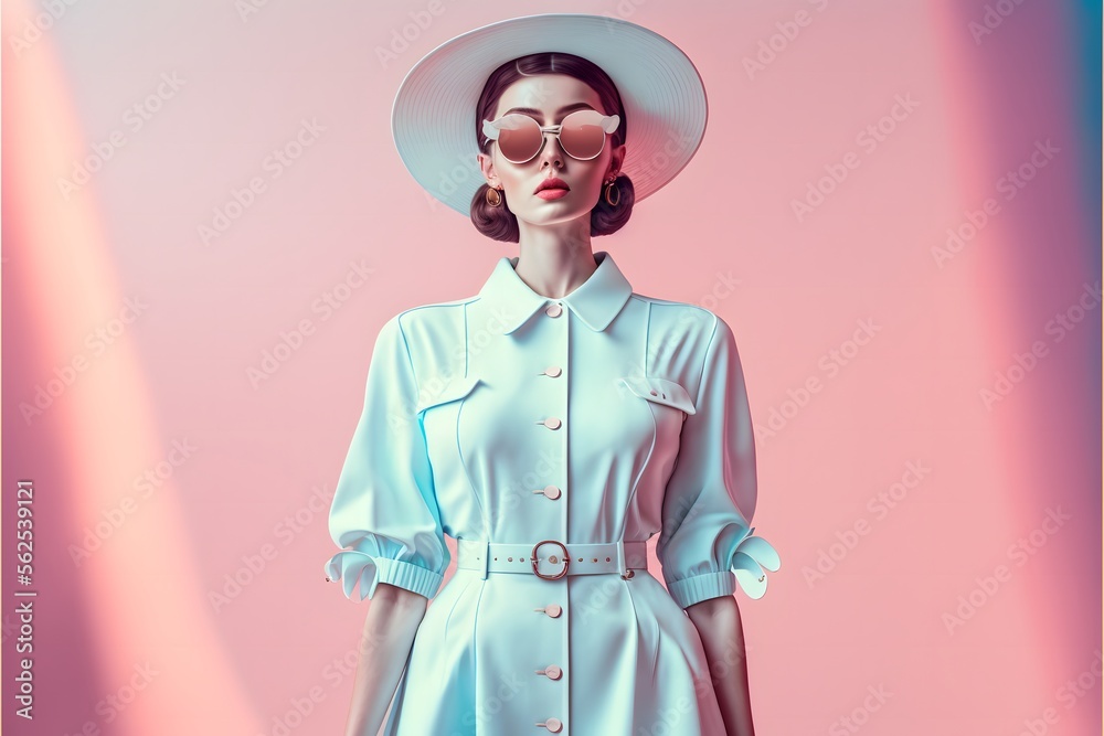 Fashionable female model wearing a beautiful trendy blue pastel color ...