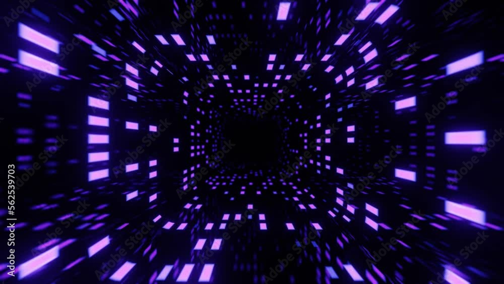 4k seamless looped animation. Fly through mirror tunnel with neon pattern, glow lines form sci ...
