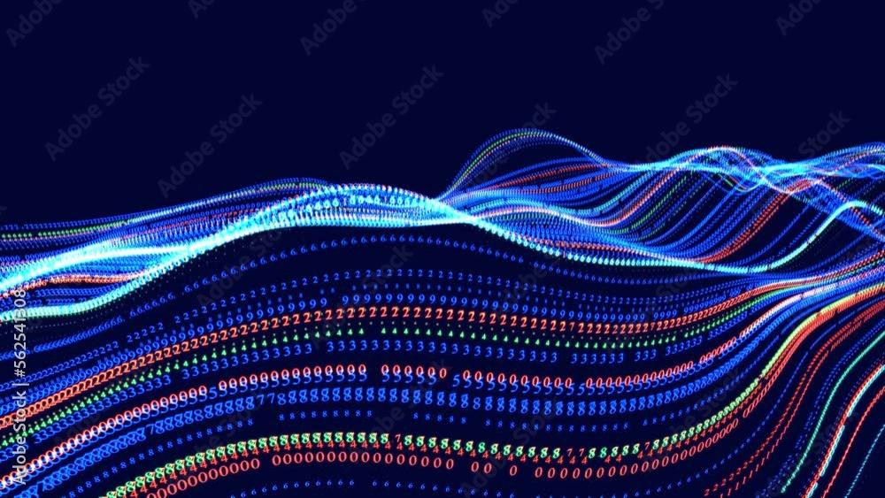 digital waves on surface. Vj loop hologram abstract bg. Symbols form lines, grid. Information ...