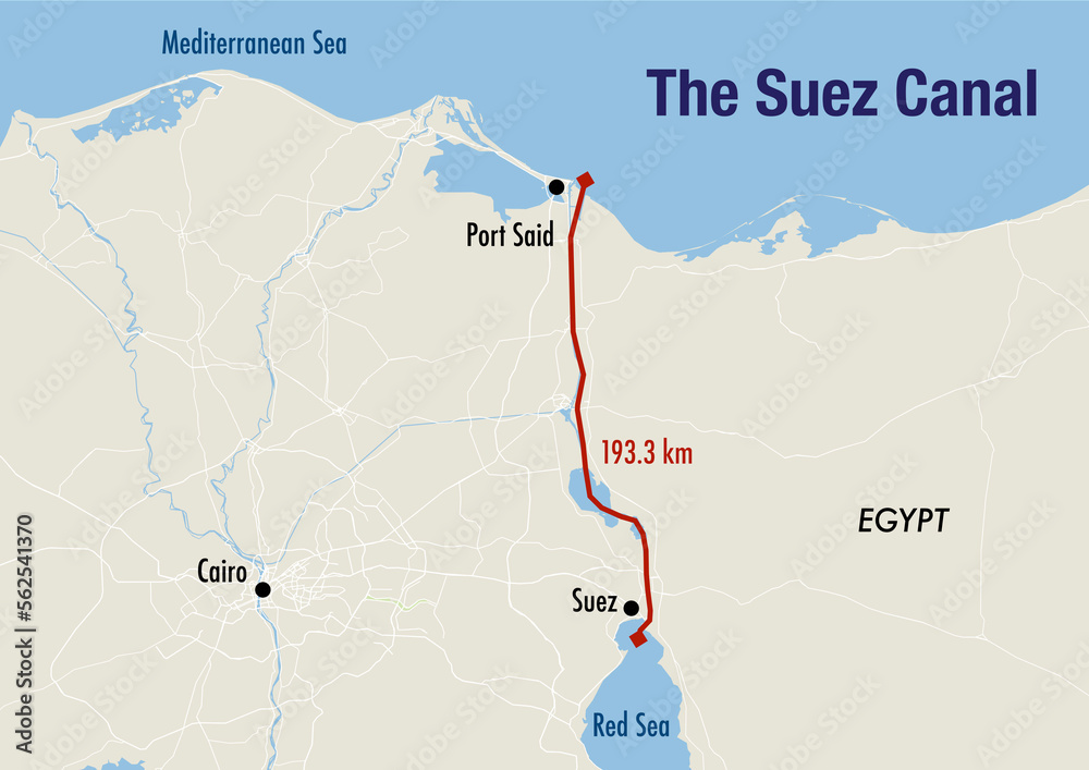 Map of the Suez canal, illustrating the route from the Mediterranean to ...