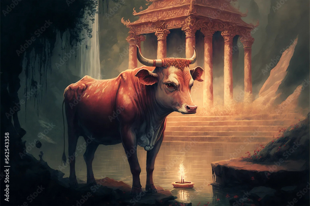 Holy Cow Painting, Temple Background Environment. Stock Illustration ...