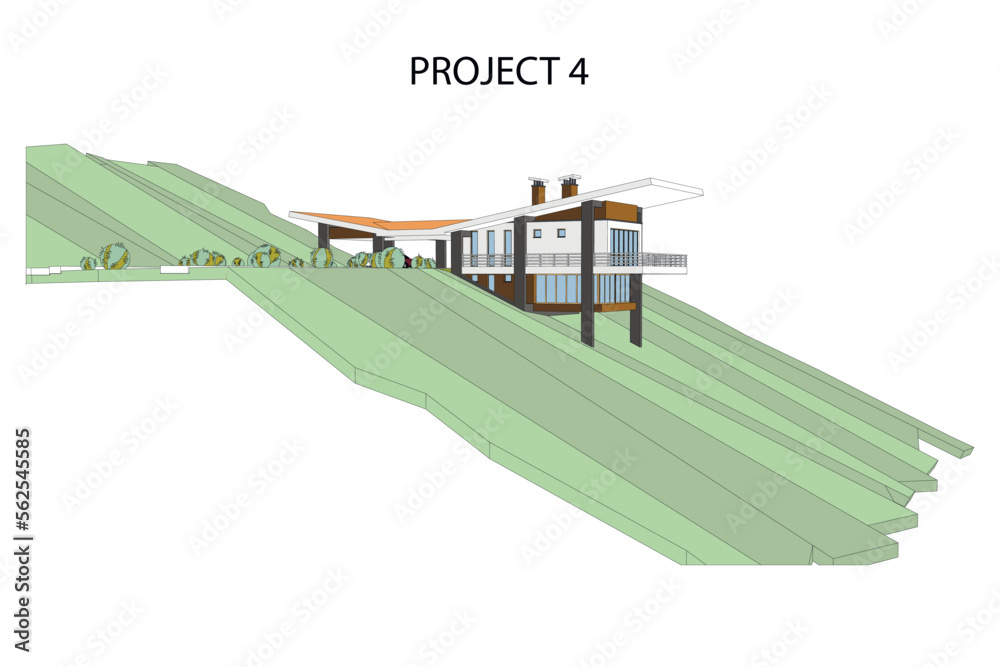 Vector architectural project of a two storey building with a landscape ...