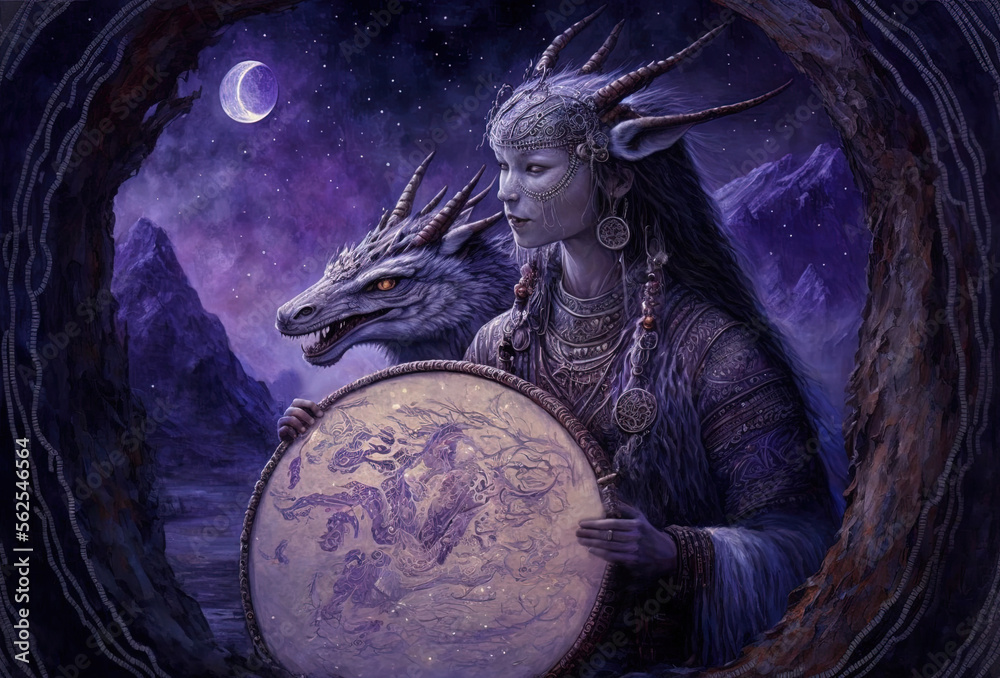 Shaman and her dragon (spirit animal). Shamanic drum calls the energy ...