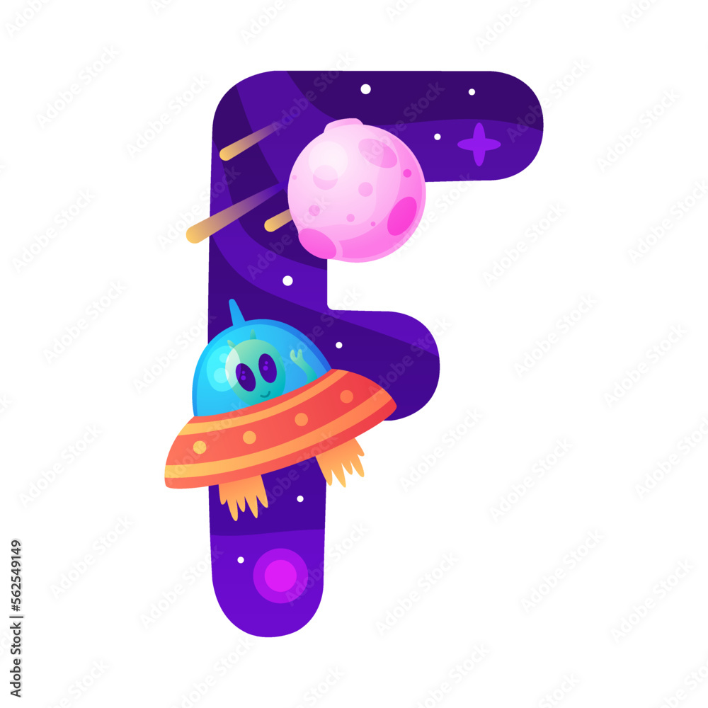 Space Letter F as Font and Alphabet Capital Bold Figure with Ufo ...
