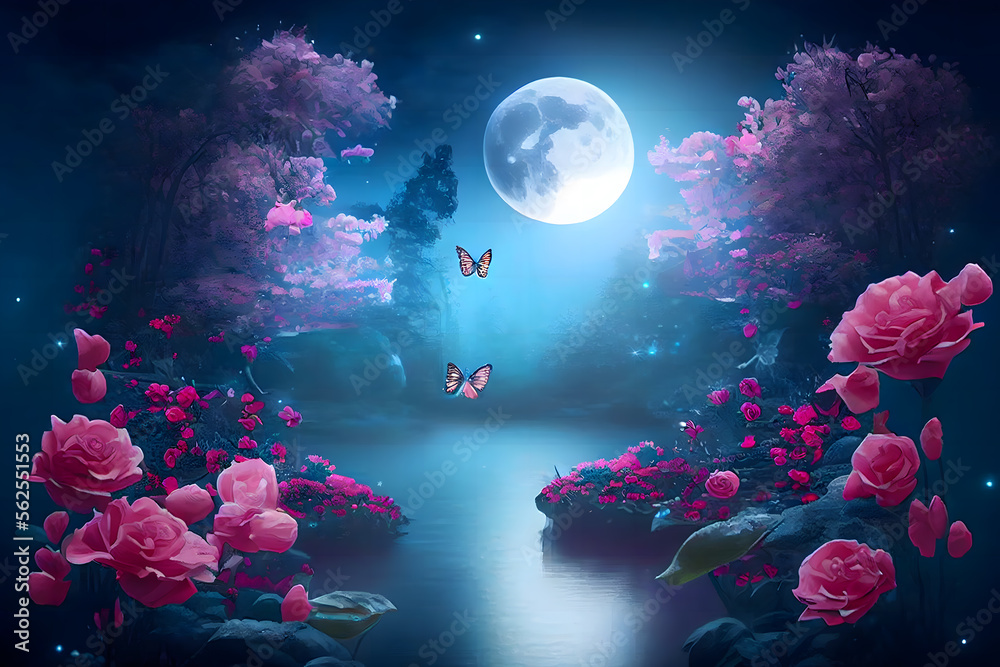 Fantasy magical enchanted fabulous fairy tale landscape with forest lake blooming pink rose ...