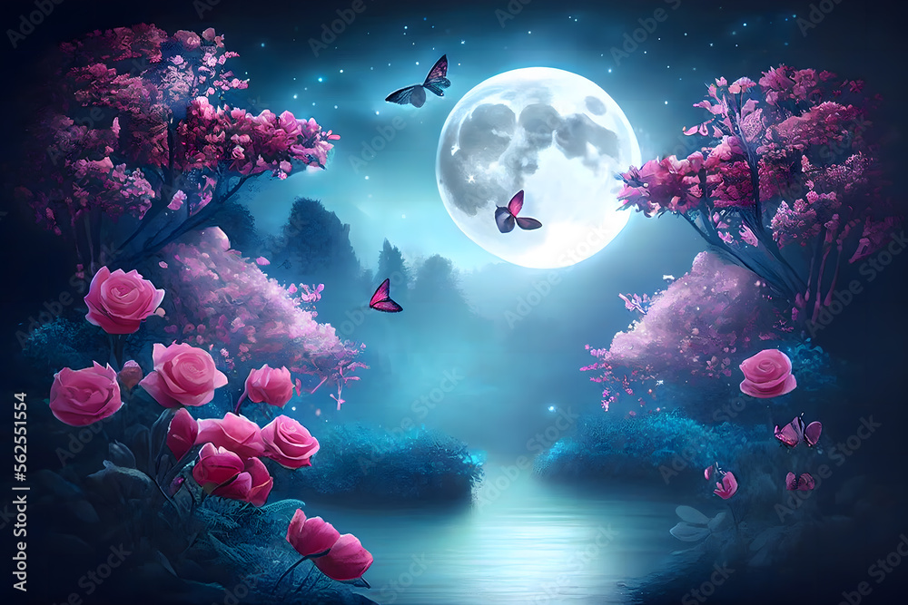 Fantasy magical enchanted fabulous fairy tale landscape with forest lake blooming pink rose ...