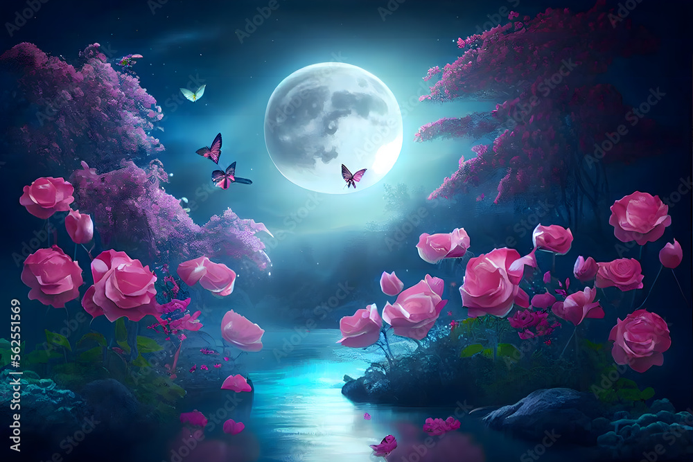 Fantasy magical enchanted fabulous fairy tale landscape with forest lake blooming pink rose ...