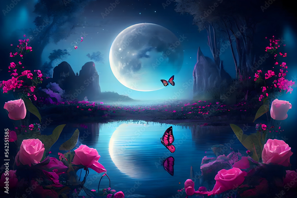 Fantasy magical enchanted fabulous fairy tale landscape with forest lake blooming pink rose ...