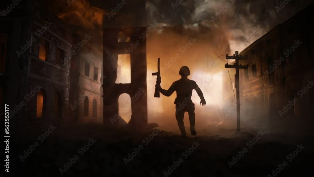 War Concept. Military silhouettes fighting scene on war fog sky ...