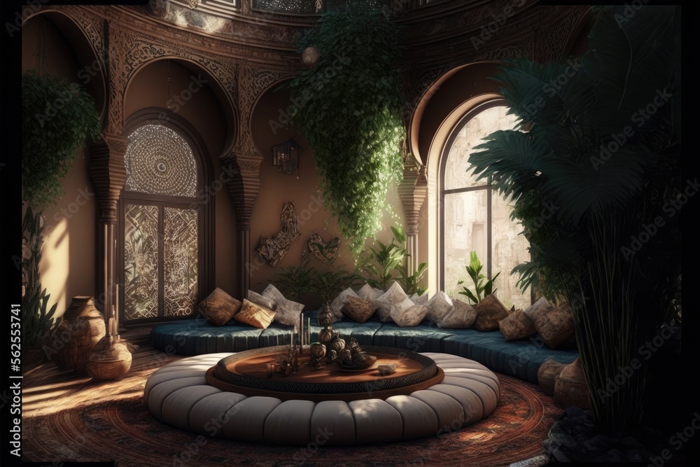 Moroccan lux temple interior design living room with many fur rugs ...