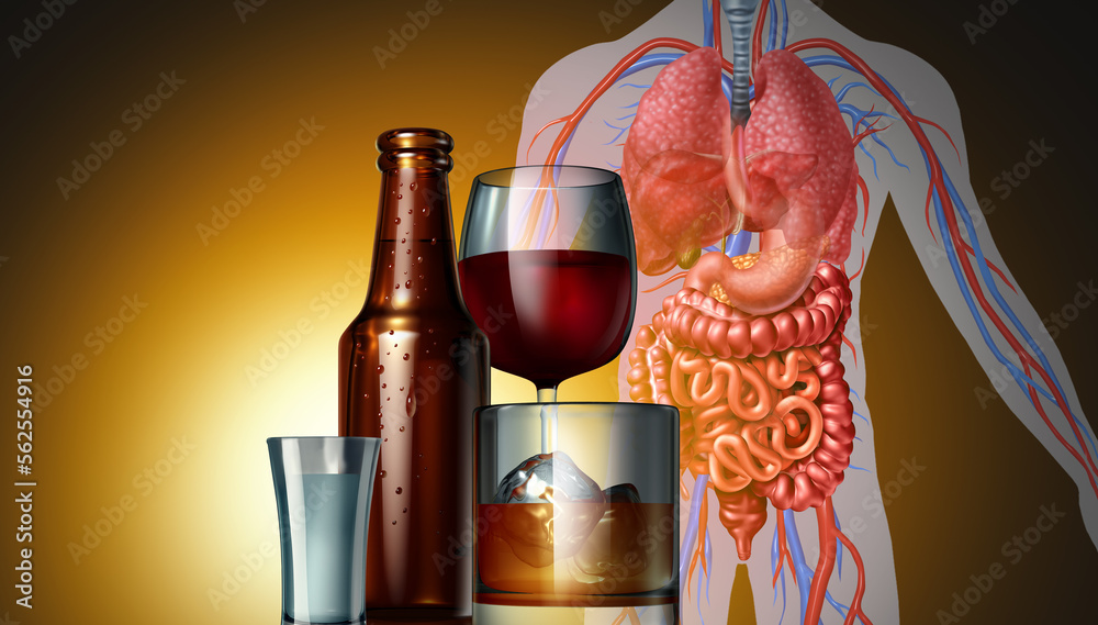 Drinking Health Danger concept as beer wine and spirits alcoholic ...
