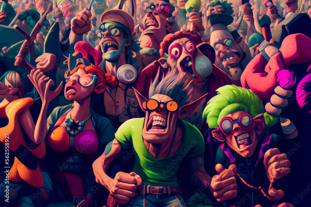 People, screaming and crazy in happiness. Cartoon background ...