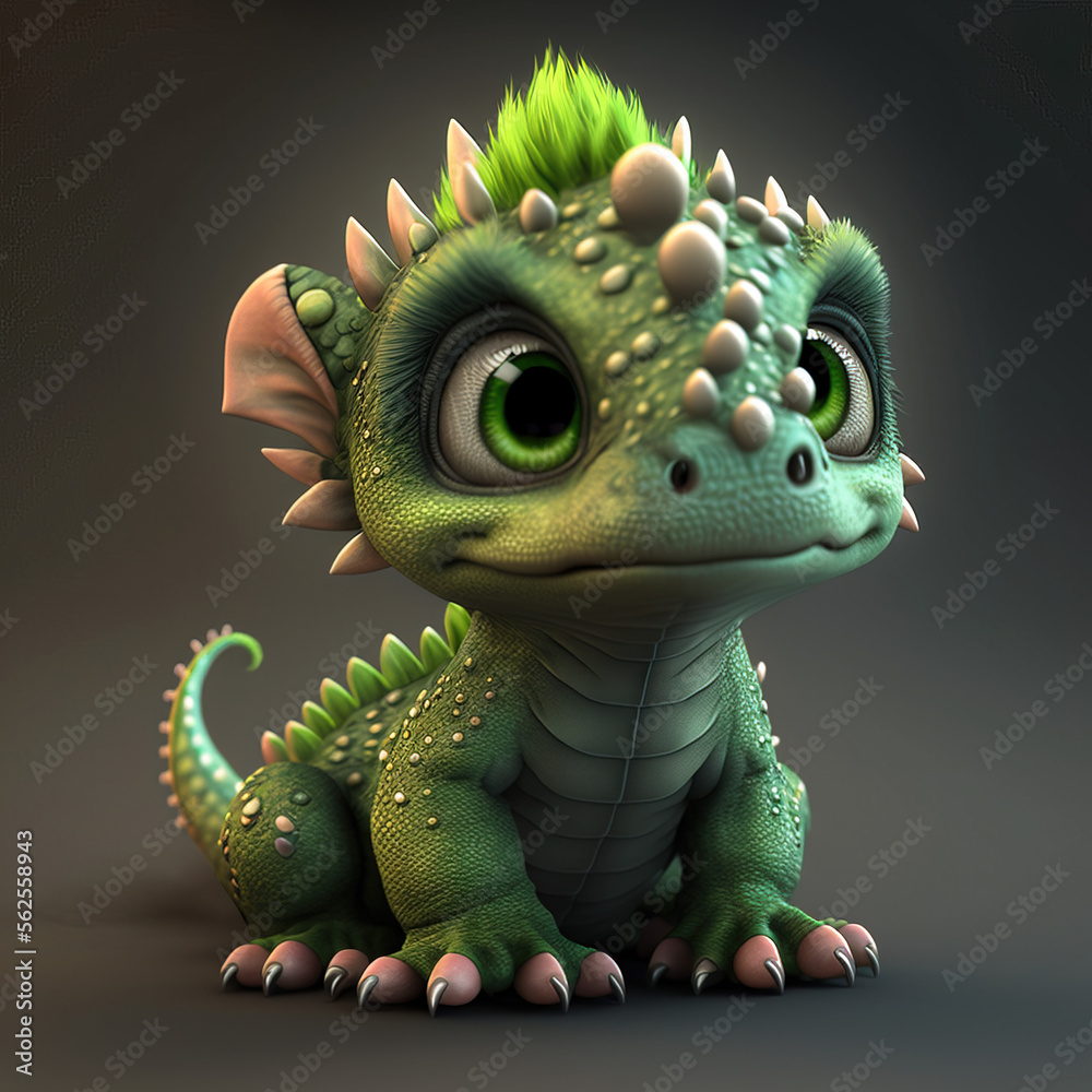 Green baby creature with fluffy hair on his head, cute and cuddly ...