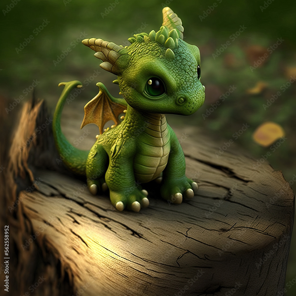 Green baby dragon sitting on a tree stub in the forest, generative AI ...